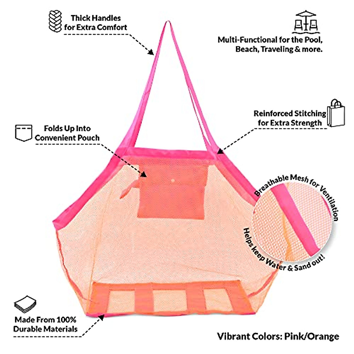 Beach Toy Bag - Large Mesh Tote for Kids Sandy Toys, Reusable & Foldable with Pouch for Pool, Towels, Bath Storage, Seashells, Travel & Vacation, Durable Waterproof and Washable - 17.5x17.5x10