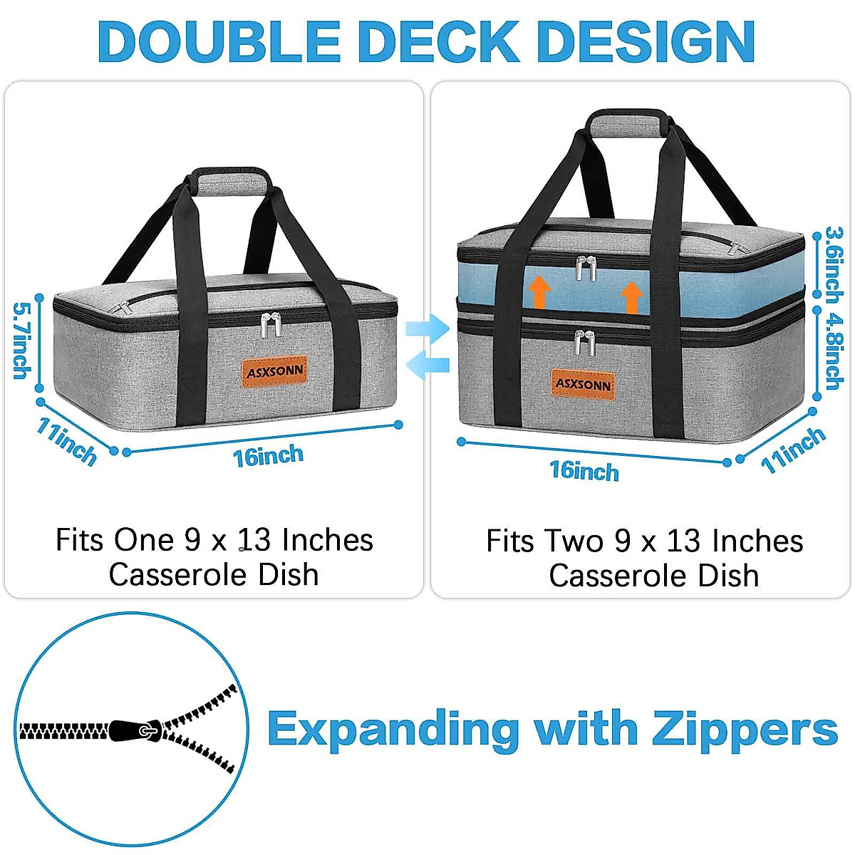 ASXSONN Double Decker Insulated Casserole Carrier for Hot or Cold Food, Expandable Insulated Food Carrier for Parties, Picnic, Beach, Fits 9"x13" Baking Dish (Grey)