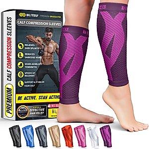 BLITZU Calf Compression Sleeve for Women and Men, Shin Splint Sleeves for Varicose Veins, Nursing, Pregnancy, Running, Footless Compression Socks Support for Calf Muscle Pain Relief Purple L-XL