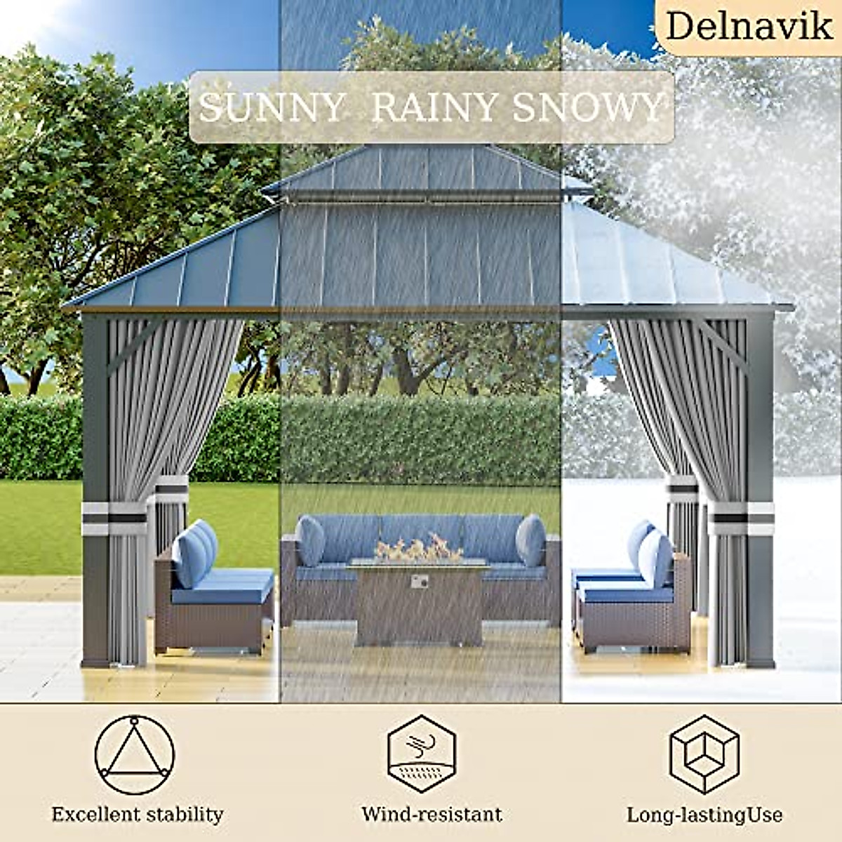 Delnavik 12X14FT Hardtop Gazebo Double Roof, Pergolas Aluminum Frame, Outdoor Metal Gazebos with Netting and Curtains for Patio, Backyard, Deck and Lawns, Grey