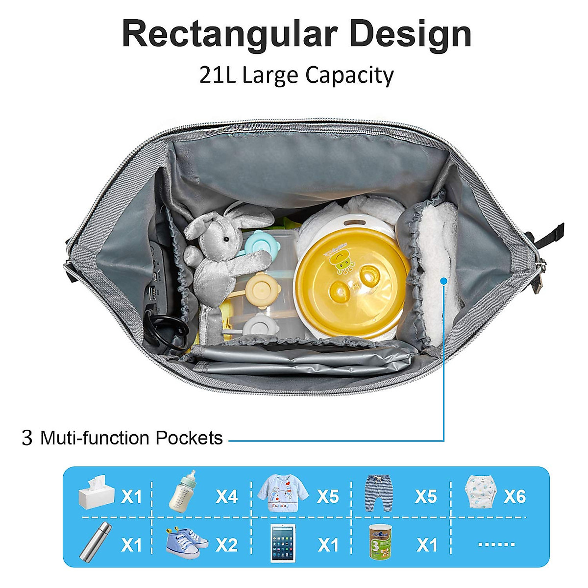 Baoyun Diaper Bag Backpack, Large Capacity Baby Bag for Boys Girls, Waterproof Travel Back Pack with Stroller Straps, Multi-Function Maternity Baby Changing Bags for Mom Dad, Gray