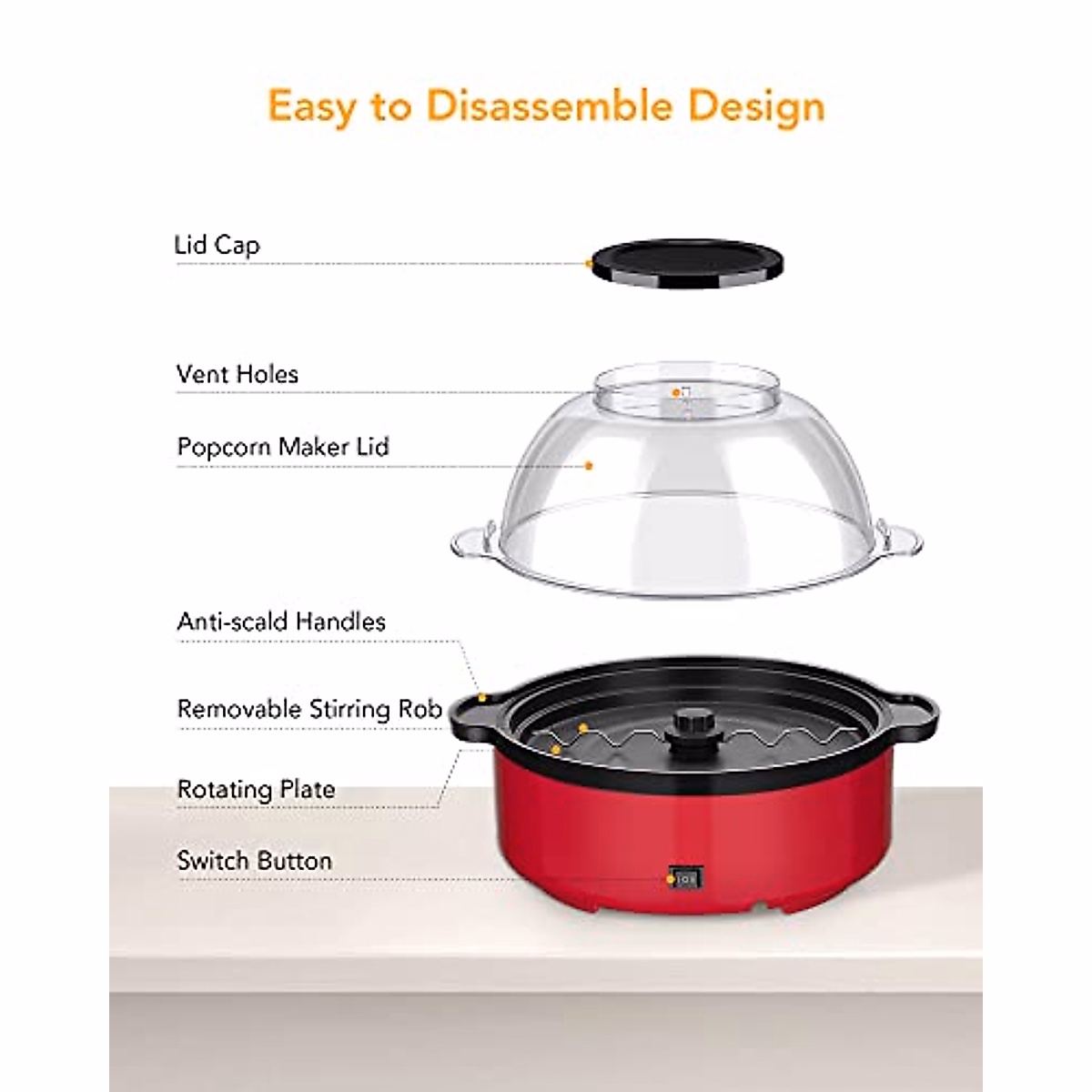 Electric Hot-oil Popcorn Popper Maker - Stir Crazy Popcorn Machine with Nonstick Plate & Stirring Rod, Large Lid for Serving Bowl and Two Measuring Spoons, 16-Cup for Home Christmas Party Kids