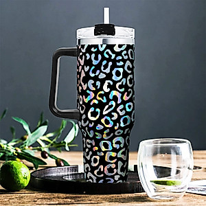 omezin 40 oz Tumbler with Handle Holographic Glitter Leopard 40oz Tumbler with Lid Straw Double Insulated Travel Coffee Mug