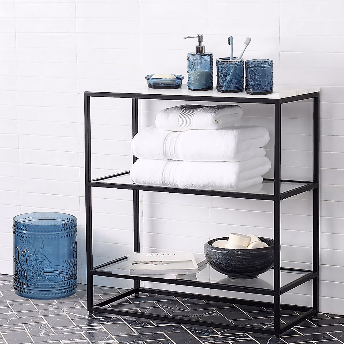 KMwares Decorative Wastebasket/Trash Can/Garbage Can for Home Accent, Kitchen, Bathroom Accessories, Office Decoration - Real Glass Solid Dark Blue