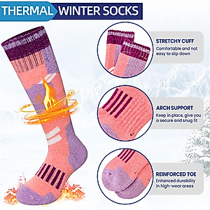 Kids Ski Socks Merino Wool Winter Warm Thermal Hiking Snowboarding Knee High Heavy Boot Socks for Toddler Boys Girls 2 Pairs(Pink/Purple, 8-12 Years)