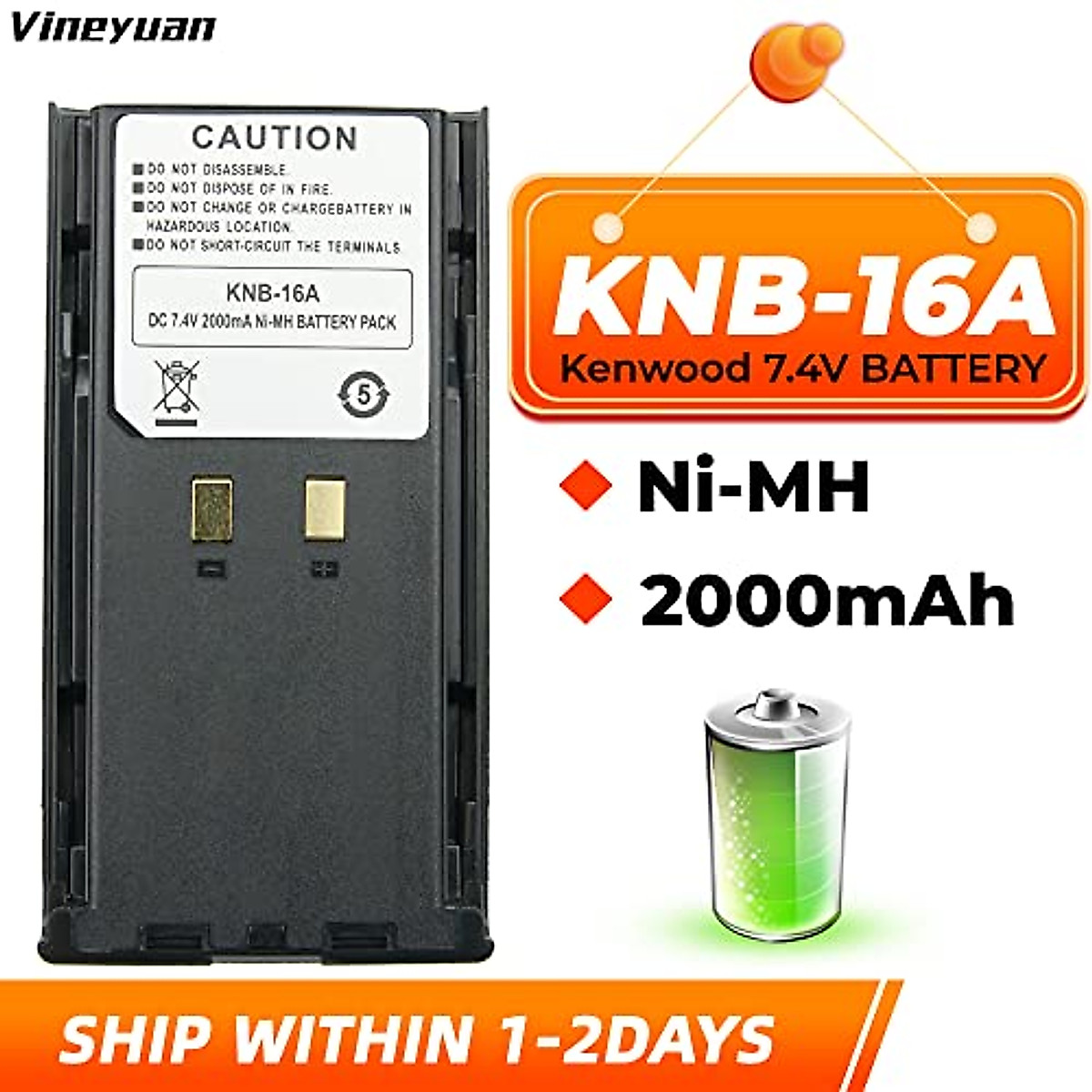 Vineyuan 7.4V 2000mAh KNB-16A Ni-MH Replacement Battery for Kenwood TK-480 TK-380 TK-280 TK-290 TK-190 TK-5400 Two Way Radios