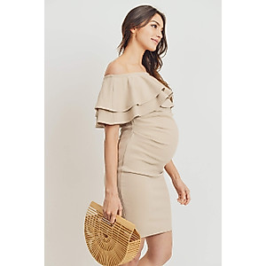 LaClef Women's Off Shoulder Maternity Dress with Double Ruffle, Taupe Solid, Large