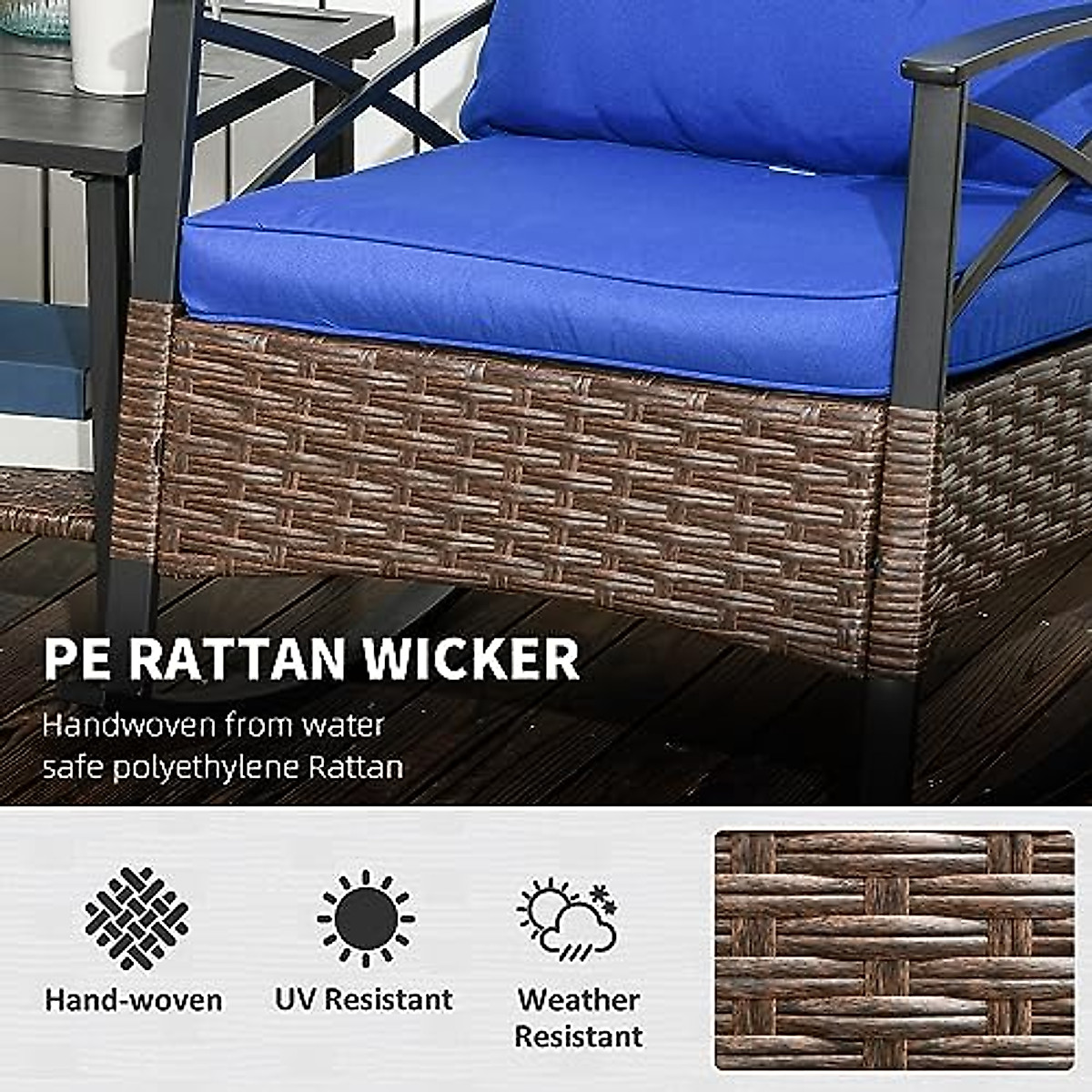 Outsunny 3 Piece Rocking Bistro Set, Outdoor Wicker Patio Furniture, 2 Porch Rocker Chairs with Glass Coffee Table, Tufted Cushions, Patio Conversation Set, Dark Blue