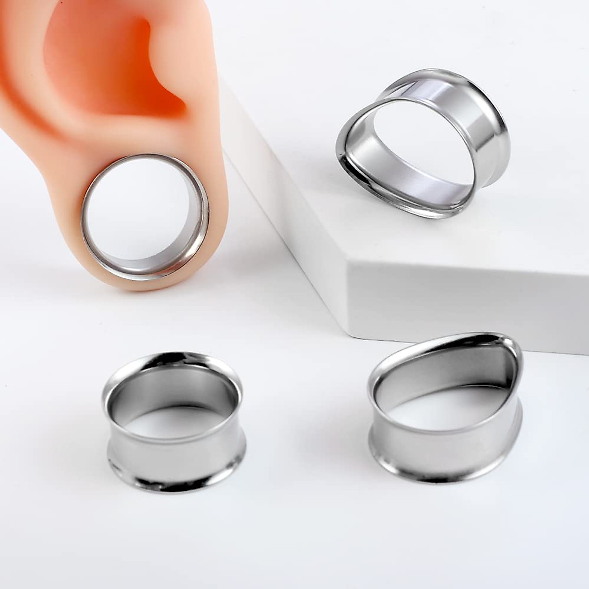 Casvort 4 PCS 30mm Hypoallergenic 316 Stainless Steel Silver Round Teardrop Double Flared Ear Gauges Plugs Ear Tunnels Saddle Plugs Body Piercing Jewelry