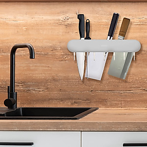 hancook Adhesive Knife Holder with 3 Slots for Knives Easy Cleaning Wall-Mounted Kitchen Knife Block 7 Hooks for Utensils