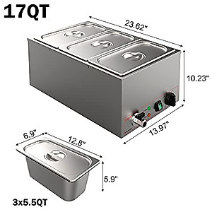 Valgus Commercial Grade Stainless Steel 3 Sections 17 Qt Bain Marie Food Warmers Electric Countertop Steamer with Lid and Tap for Parties, Banquet and Catering Events