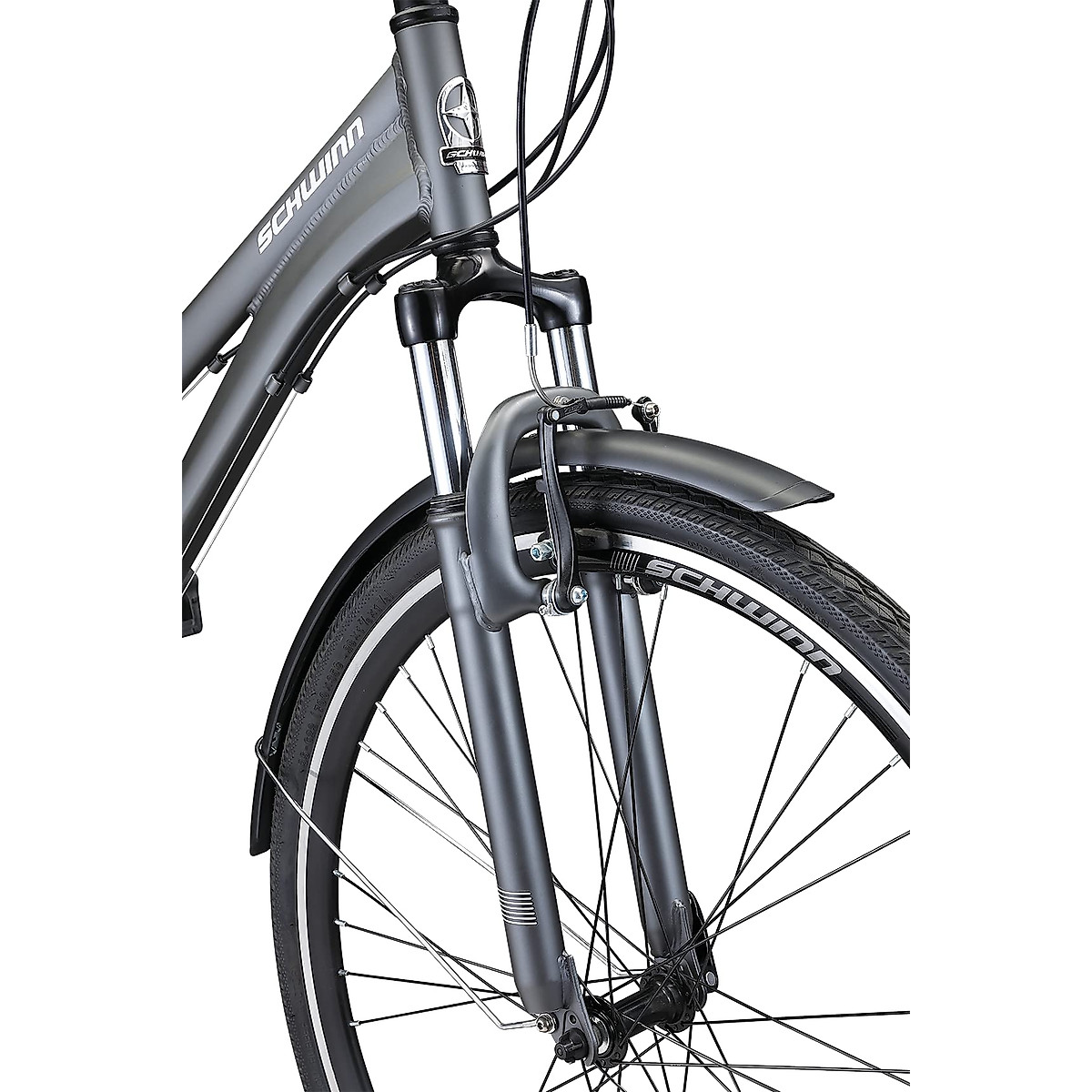 Schwinn Discover 2 Adult Hybrid Bike for Men and Women, 700c Wheels, 21-Speeds, 15-Inch Frame, Front and Rear Fenders, Rear Cargo Rack, Matte Grey