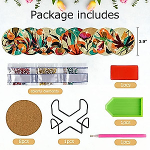 8 Pcs Painted Leaves Diamond Art Painting Coasters Kits with Holder DIY Leaves Diamond Art Coaster Non Slip Coaster for Adults Diamond Painting Kits Supplies