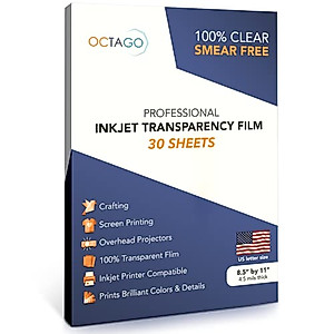 Octago Inkjet Transparency Paper (100% Clear) Transparency Sheets for Inkjet Printers, Color Inkjet Transparency Film, Acetate Sheets for Crafts, Premium Print, Clear Paper (8.5x11 Inches) - 30 Sheets