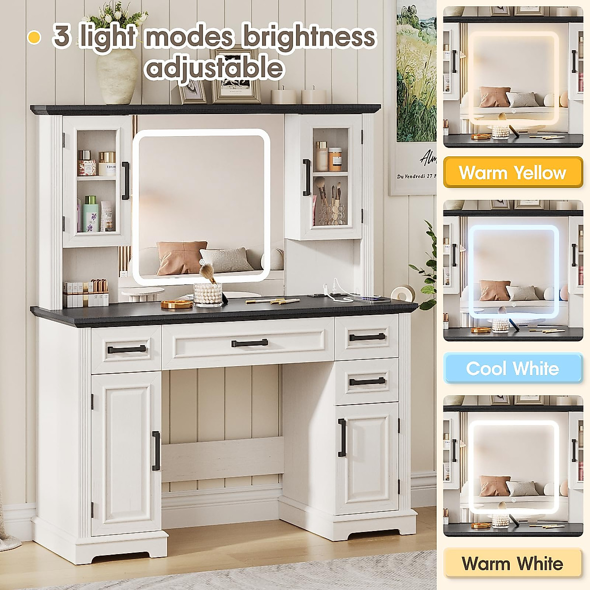 Maupvit Farmhouse Vanity Desk with Mirror and Lights, Makeup Vanity Table with Charging Station, 45" Bedroom Table with 4 Drawers and Cabinets, 3 Lighting Modes, White