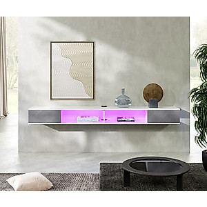 WAMPAT Floating 70 inch TV Stand with 16-Color LED Lights, Entertainment Center Media Console, Wall Mounted Shelf Media Console Cabinet with Storage for 65/70/75 Inch TVs, White&Grey