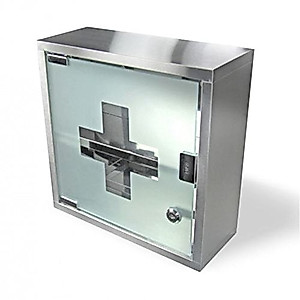 Medical Cabinet First Aid Locking Door and 2 Shelves for Medicine & Bandages, Made of Stainless Steel & frosted Glass. Wall Mount Storage Container 12 x 5 x 5 inch.