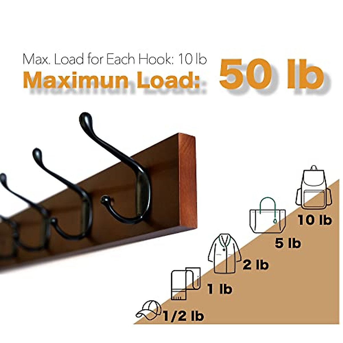 ROOREVO Wall Mount Coat Rack Coat Hooks, Wall hat Hanger,Walnut,2 Pack