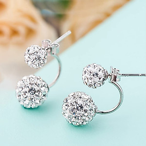 Generic 925 Sterling Silver Double Ball Earrings 1 Pair Chic Round Rhinestones Crystal Ear Studs Front Back 2 in 1 Diamond Earing Jewelrie Shiny Glittering Women Ear Ornament Piercing Retainers