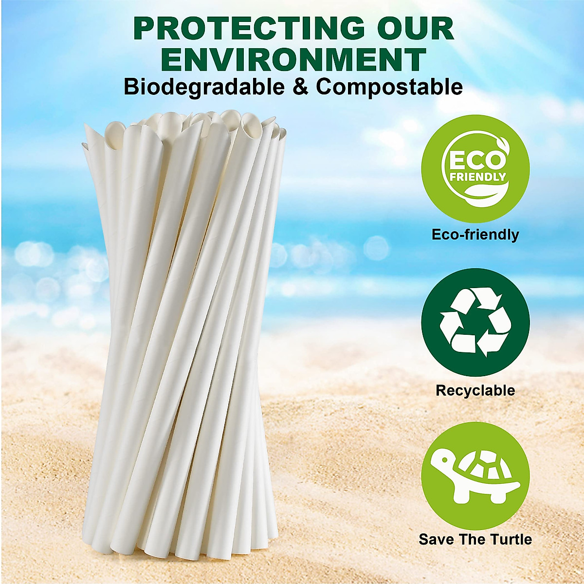 Chunspak 9 Inch Individually Wrapped Disposable White Paper Boba Straws, Bubble Tea Straws 100 Counts, 0.5"/12mm Wide - Pointed End, Extra Thick, Fat - Eco-friendly Biodegradable