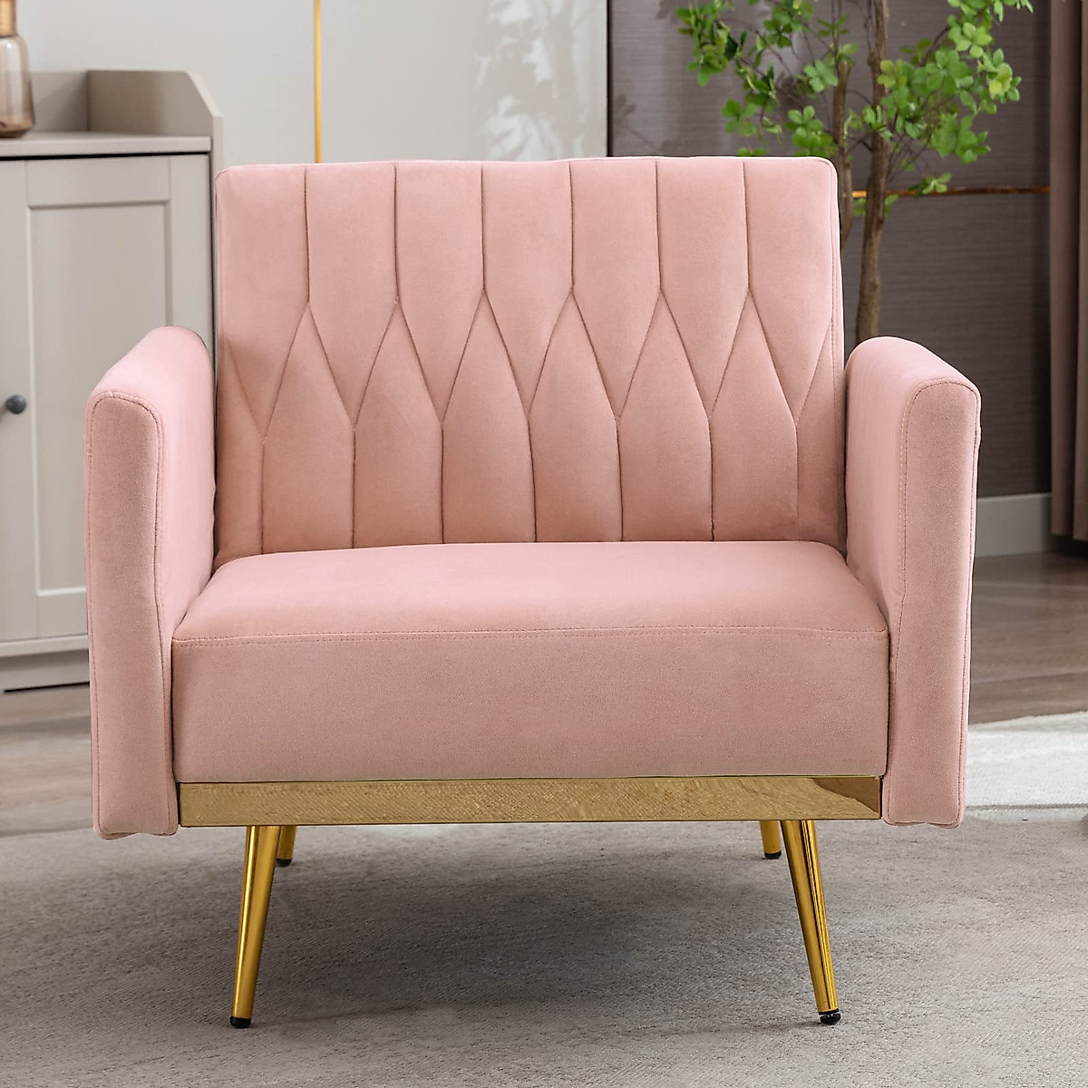 Modern Velvet Single Sofa Chair with Ottoman, Accent Living Room Chairs with Adjustable Armrests, Upholstered Tufted Lounge Chair for Home, Bedroom, Office (Pink)