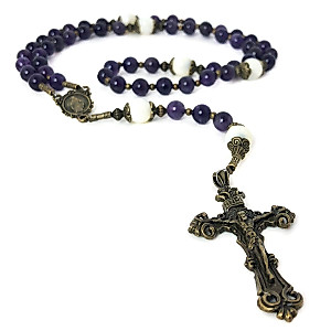Beautiful Amethyst and Mother of Pearl Stone Rosary Beads Catholic for Women With Virgin Mary Our Lady of Graces Medal Centerpiece - Catholic Rosary - Rosarios Catolicos Para Mujer - Catholic Gifts Women - Rosario Regalos Para Mujer - Rosary Necklace for