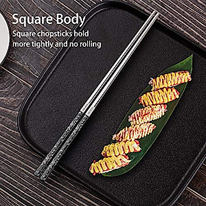 Stainless Steel Chopsticks Titanium Plated Metal Chopsticks Reusable Dishwasher safe Premium Japanese Korean Chopstick Laser Engraved Anti-slip Chop Sticks for Eating 2 Pairs Gift Set Black Silver