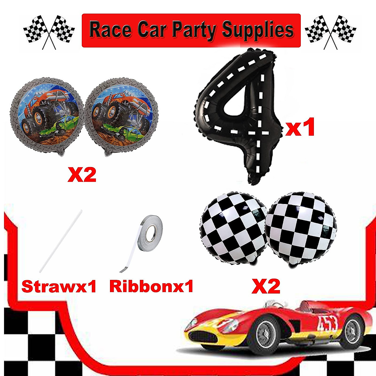Monster Truck 4th Birthday Party Supplies | Monster Truck Balloon | Giant 40 inch Race Car Number 4 Balloon Monster Truck Balloons Black White Flags Balloons for 4th Birthday Party Decorations
