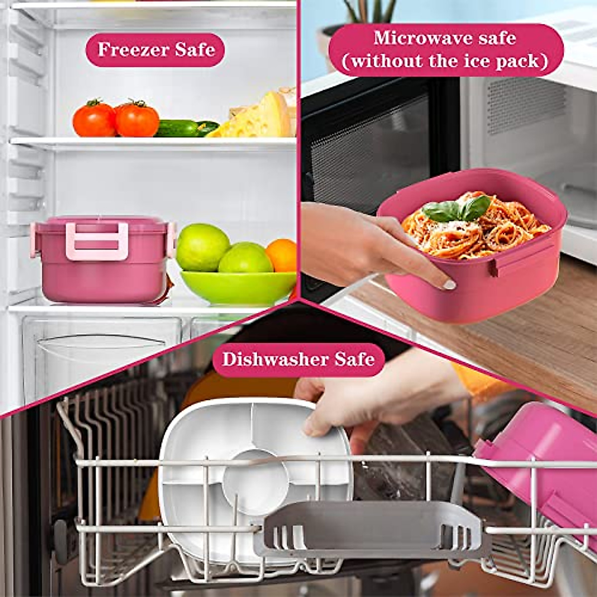 Stackable Salad Lunch Containers With Ice Pack, 1.3L Salad Bowls Bento Box Lunch Container with 4 Compartments Tray, 3oz Sauce Container for Dressings, Built-In Reusable Fork & BPA-Free (Pink)