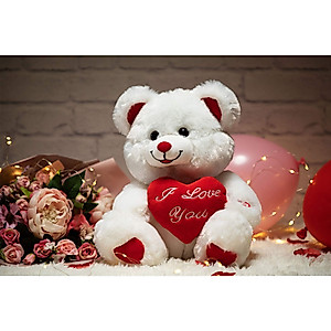 HollyHOME Teddy Bear with Heart Plush Bear That Says I Love You and Blushes LED Stuffed Toys for Girlfriend and Kids Valentine's Day 13 inch White