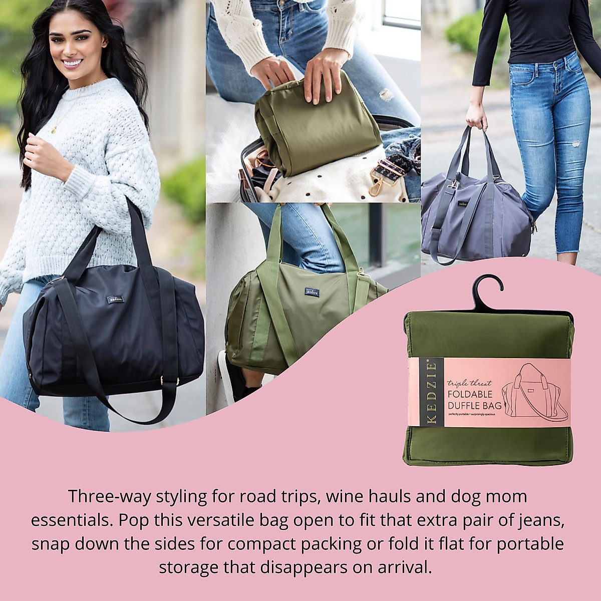 KEDZIE Triple Threat Foldable Duffle Shoulder Bag for Women with Adjustable Removable Shoulder Strap - Black