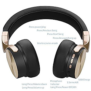 Riwbox BN5 Bluetooth Headphones Over Ear, Folding Stereo Headphones Wired Wireless with Mic Compatible for iPhone/iPad/TV/PC/Online Class/Home Office (Black&Gold)