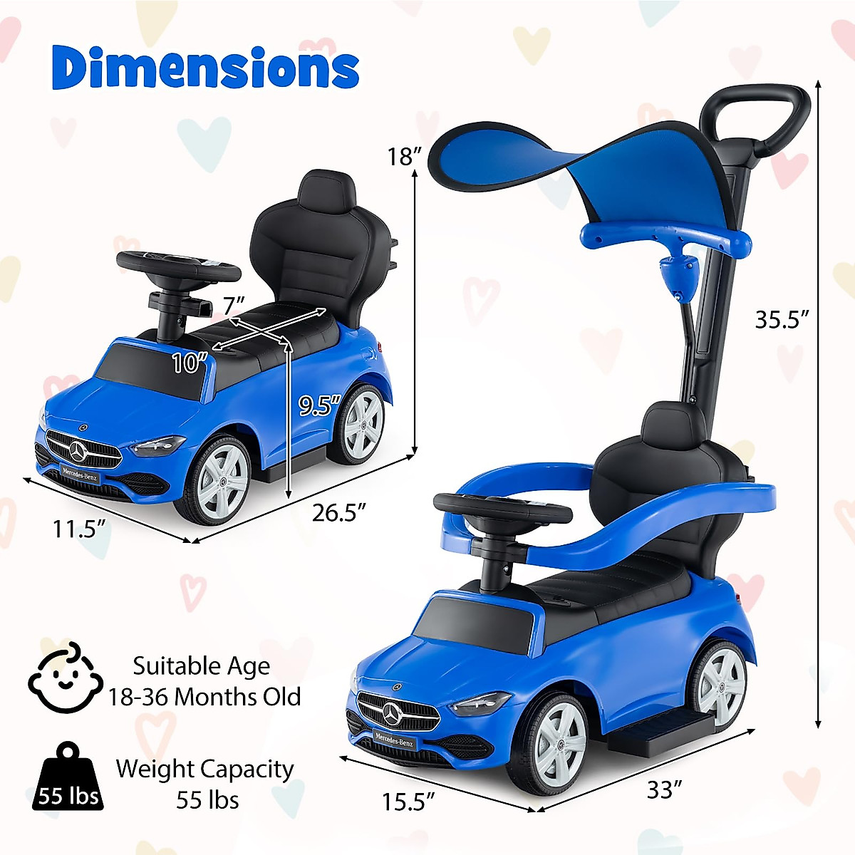 HONEY JOY Ride On Push Car, Licensed Mercedes-Benz Push Cars for Toddlers, Adjustable Canopy & Seat Storage, Horn, Toddler Push Car with Handle, Ride On Toy for Boys Girls(Blue)