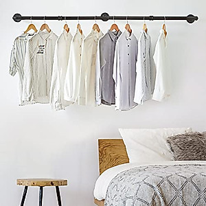 IBUYKE 70 Inch Industrial Pipe Clothes Bar Rack, Wall Mounted Garment Hanging Storage Rail, for Bedroom, Living Room, Laundry Room, Retail Display, Triple Base, Black TYJ003H