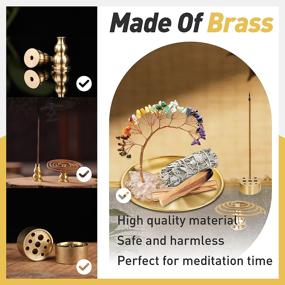 Crystal Tree Palo Santo Holder, 7 Chakra Incense Holder, Brass Incense Holder 5.5 inches, 6 in 1 Ash Catcher for Incense Sticks/Coil Incense/Sage/Incense Cones Yoga Meditation Room Home Décor