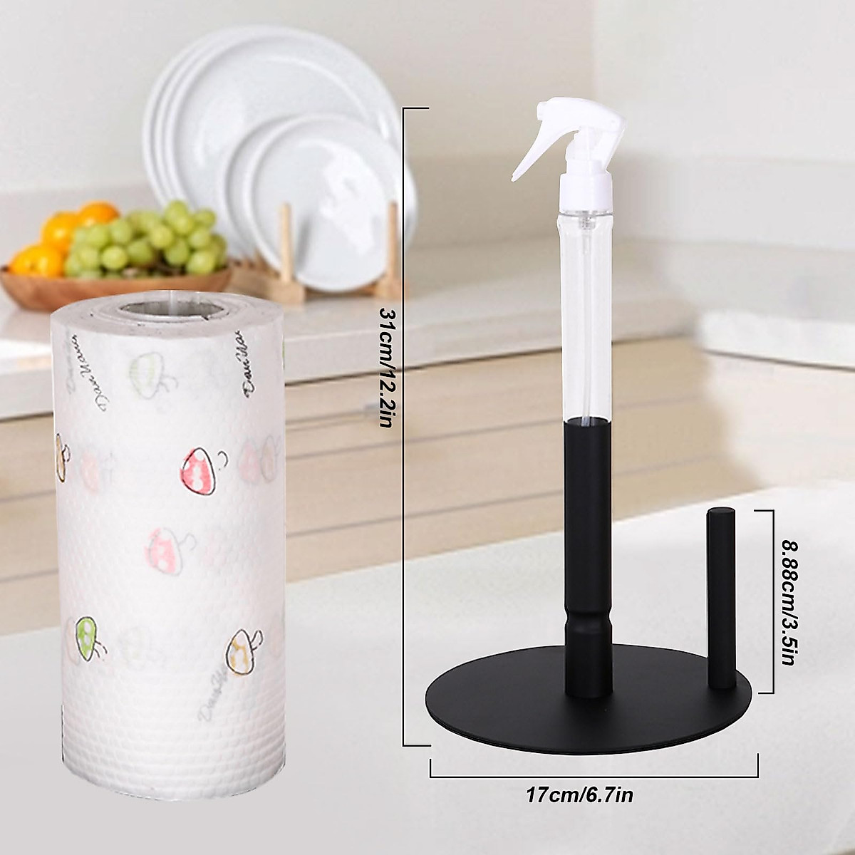 Paper Towel Holder with Spray Bottle,Stainless Steel Countertop Paper Towel Holder for Kitchen Bedroom and Bathroom, One-Handed Operation Kitchen Paper Towels Holder with Non Slip Weighted Base Black