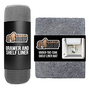 Gorilla Grip Drawer Liner and Under Sink Mat, Drawer Liner Size 12 in x 20 FT in Gray, Non Adhesive, Under Sink Mat Size 24x30 in Charcoal, 2 Item Bundle