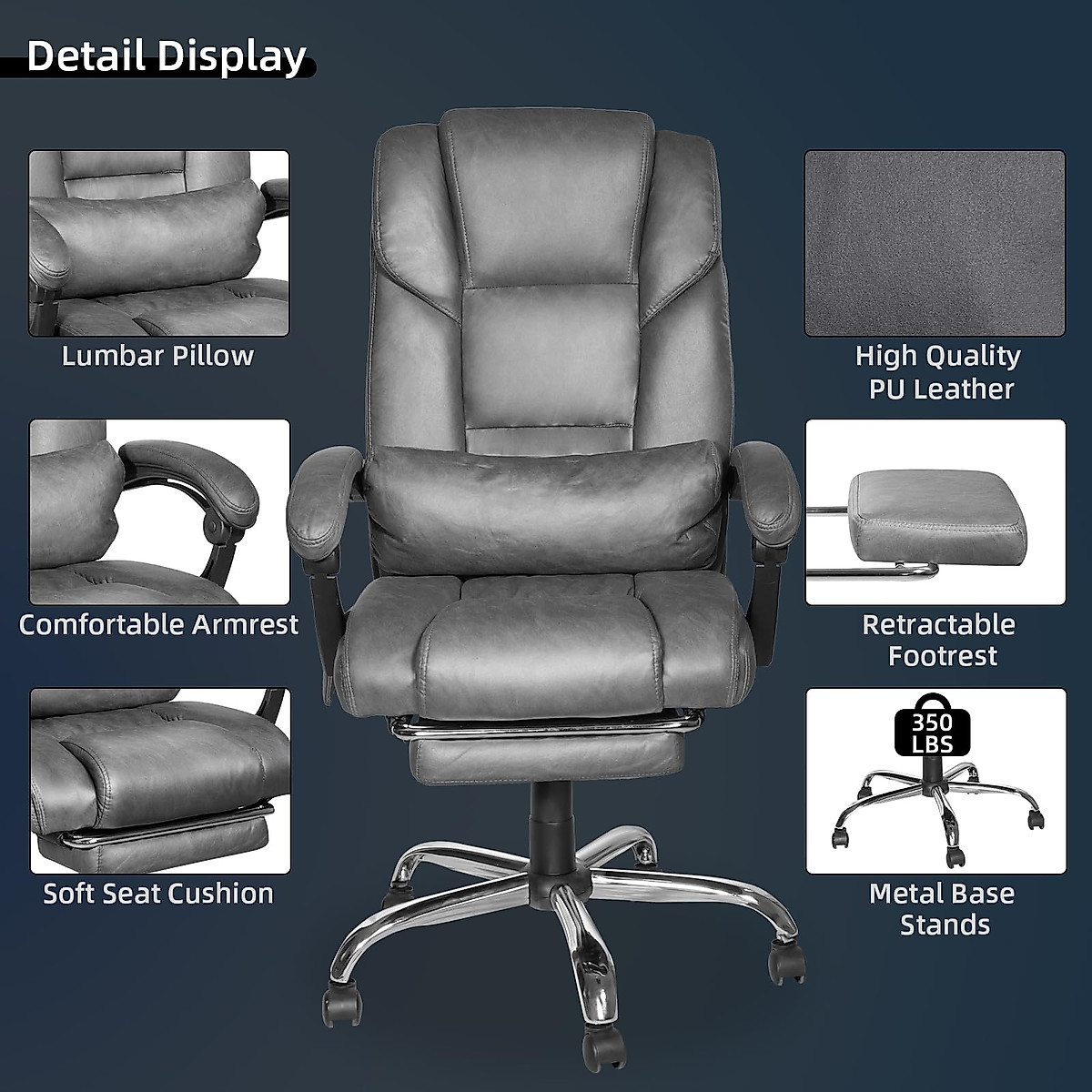 Toszn High Back Executive Office Chair, Reclining Office Chair with Footrest, PU Home Office Desk Chair Adjustable Height, Computer Desk Chair with Lumbar Cushion, Grey