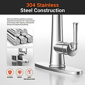 Kitchen Faucet with Pull Down Sprayer - LEPO Kitchen Sink Faucet with Led Light, Brushed Nickel, High Arc Commercial Stainless Steel Pull Out Rv Kitchen Faucet Bar（No Batteries Required）