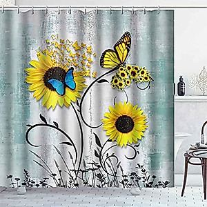 Dia Magico 4PCS Yellow Sunflower Shower Curtain Set, Magic Floral Blue Butterfly Black Plant Botanical Teal Barnwood Country Rustic Farmhouse Bathroom Decor, Fabric Shower Curtain, Non-Slip Bath Mat