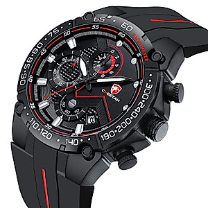 CHEETAH Mens Chronograph Watch Outdoor Waterproof Military Tactical Style Black Red Quartz Sports Watches for Men with Rubber Strap