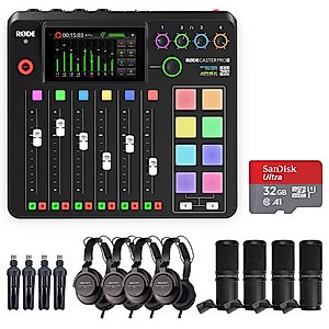 Rode RODECaster Pro II Integrated Audio Production Studio Bundle with 4x Zoom ZDM-1 Podcast Mic Pack and 32GB microSDHC Memory Card