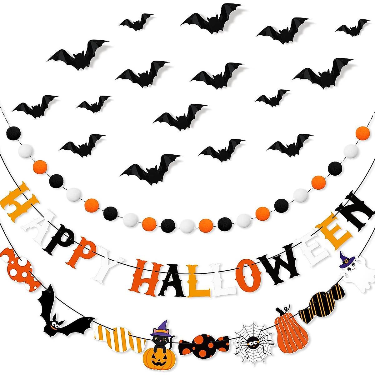 Happy Halloween Banner Pom Pom Garland Set and Halloween Bat Candy Banner with Black Bat Wall Sticker for Halloween Party Decorations Home Decor