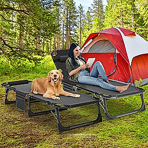 Camping Cot, Adjustable 4-Position Adults Reclining folding Chaise with Pillow, Outdoor portable Lounge Chair Sleeping Cots Bed, Perfect for Camping, Pool, Beach, Patio
