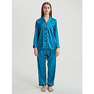 Honypove Silk Pajamas for Women Long Sleeve Satin Womens Pajama Sets Two-piece Button-Down Sleepwear Pjs (Small, Green)