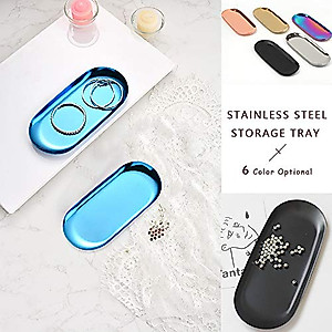 2 Pack 7.1in Stainless Steel Storage Tray, Premium Metal Organizer Plate to Hold Fruit, Tea, Cosmetics, Jewelry, Oval Stainless Steel Towel Tray for Vanity, Bathroom, Closets (Gold)