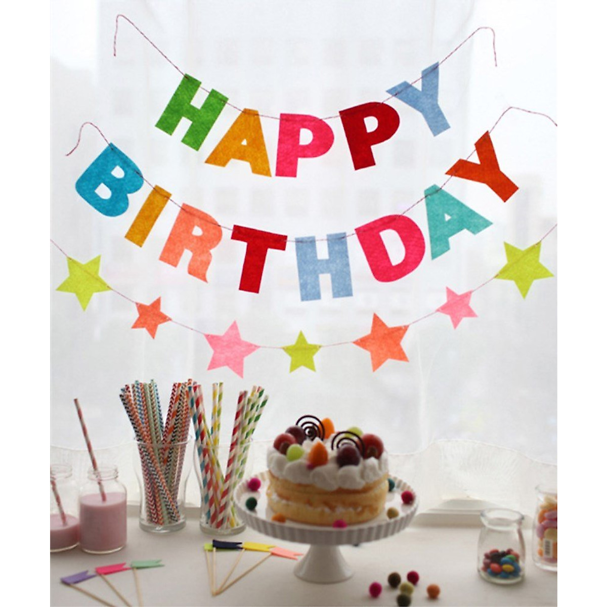 Honbay 1 Felt String Happy Birthday Party Banner and 1 String Colorful Star Banner