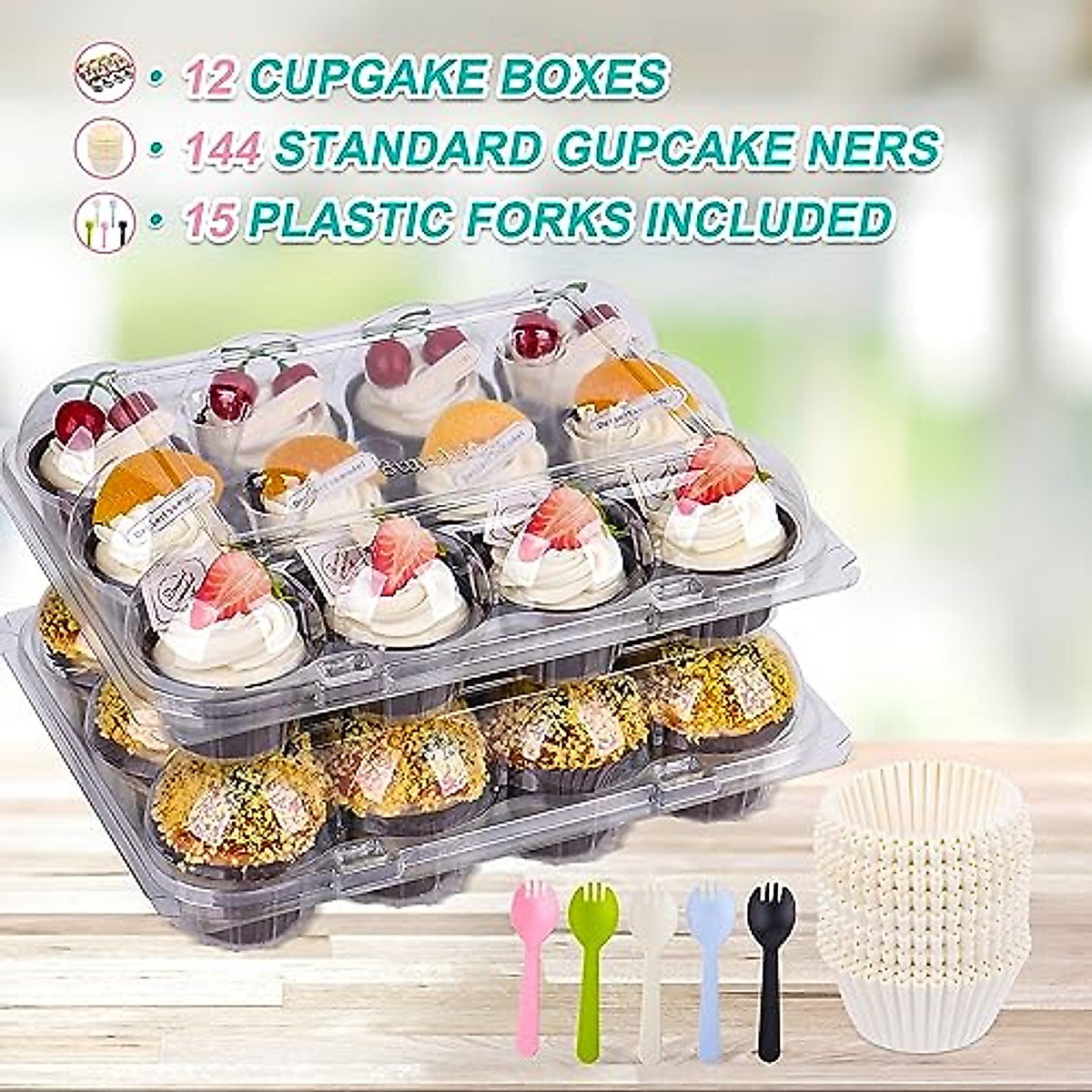 AUKUS (12 packs X 12 sets Cupcake Containers, Cupcake Carrier Holders,Deep Dome, Transparent Disposable with 150 Pack Cupcake liners and 15 forks