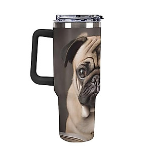 YTLKGFP 40 Oz Large Capacity Car Cup Animal Pug Dog Tumbler with Handle (Black) Straw Lid Insulated Stainless Steel Water Bottle Travel Mug Leak-proof Car Cup Keeps Cold Or Hot