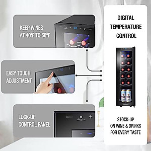 Phiestina Wine Cooler, Freestanding Wine Fridge Holds 12 Bottles, Small Wine Refrigerator for Home Bar with Digital Temperature Control, Glass Front Doors and Interior Lighting
